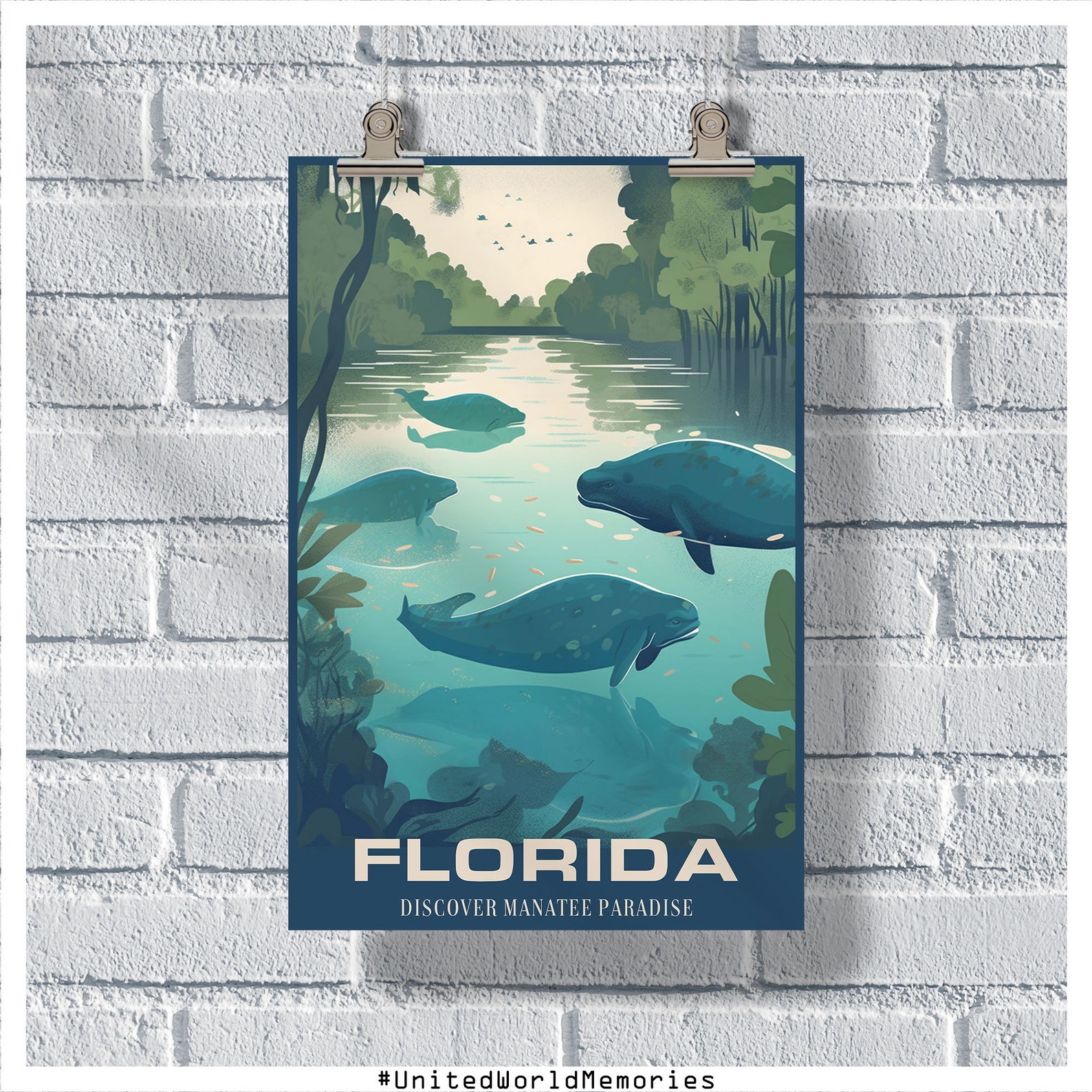 Florida Travel Poster, Florida Manatee Poster, Florida Vintage Poster ...