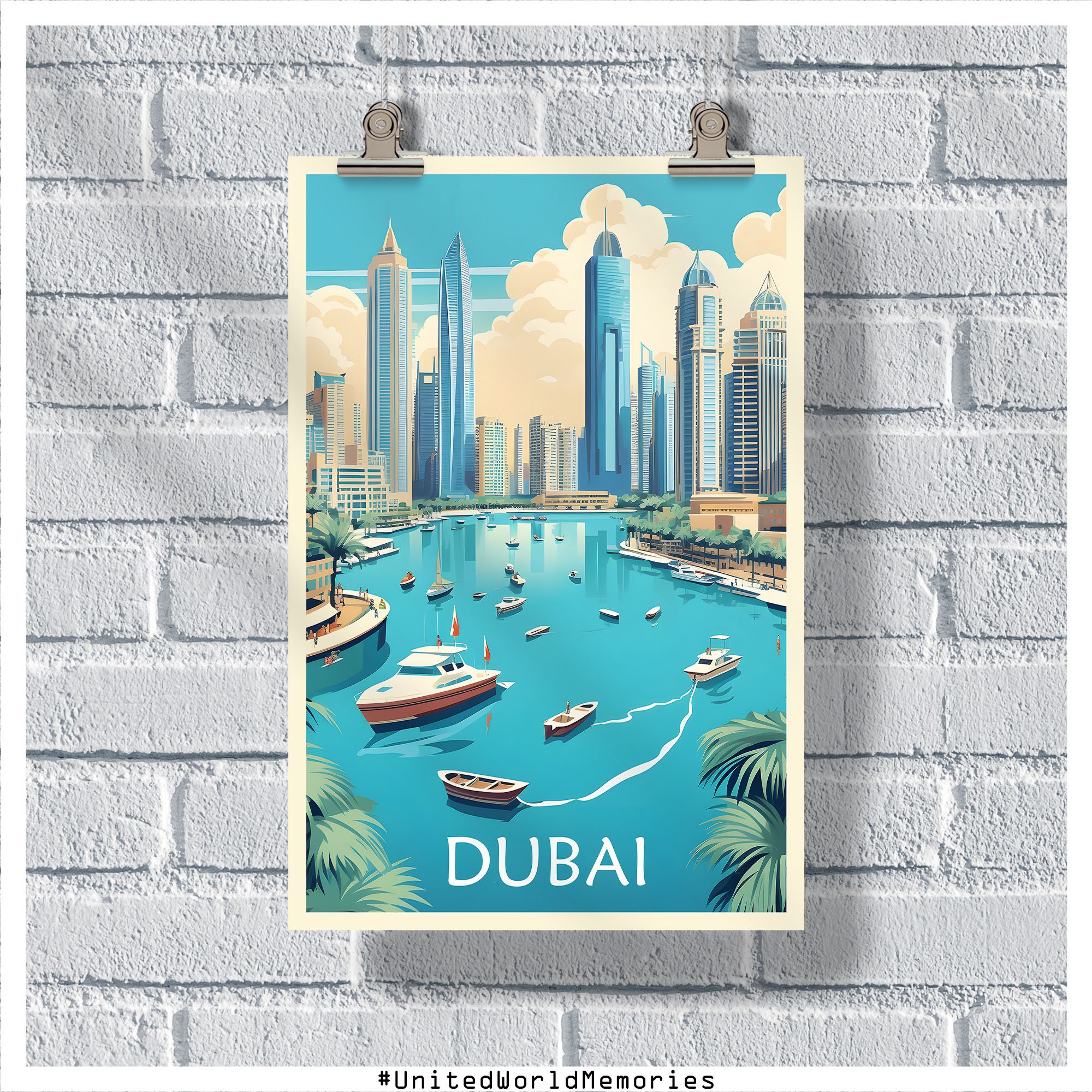 Dubai Marina Poster, Dubai Travel Poster, UAE Poster, Dubai Vintage ...