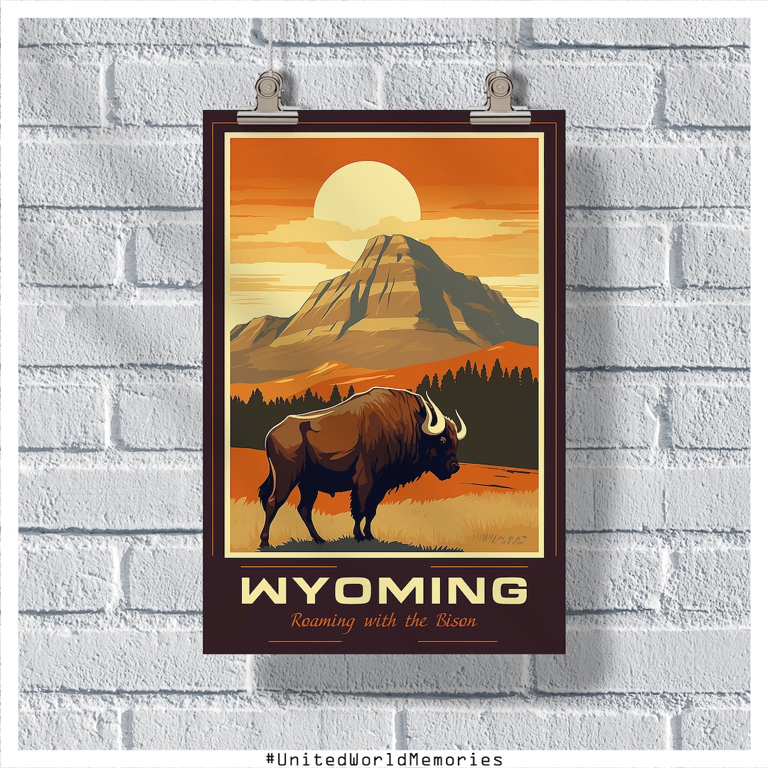 Wyoming Travel Poster, Wyoming Bison Poster, Wyoming Vintage Poster ...