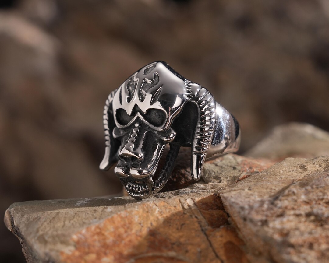 Horror Bull Horn Monster Titanium Steel Skul Ring, Gothic Biker Style ...