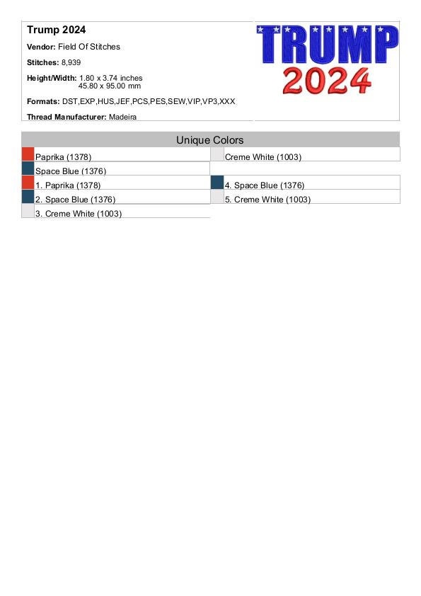 Trump 2024 - Machine Embroidery Design - 2 Sizes, American President ...