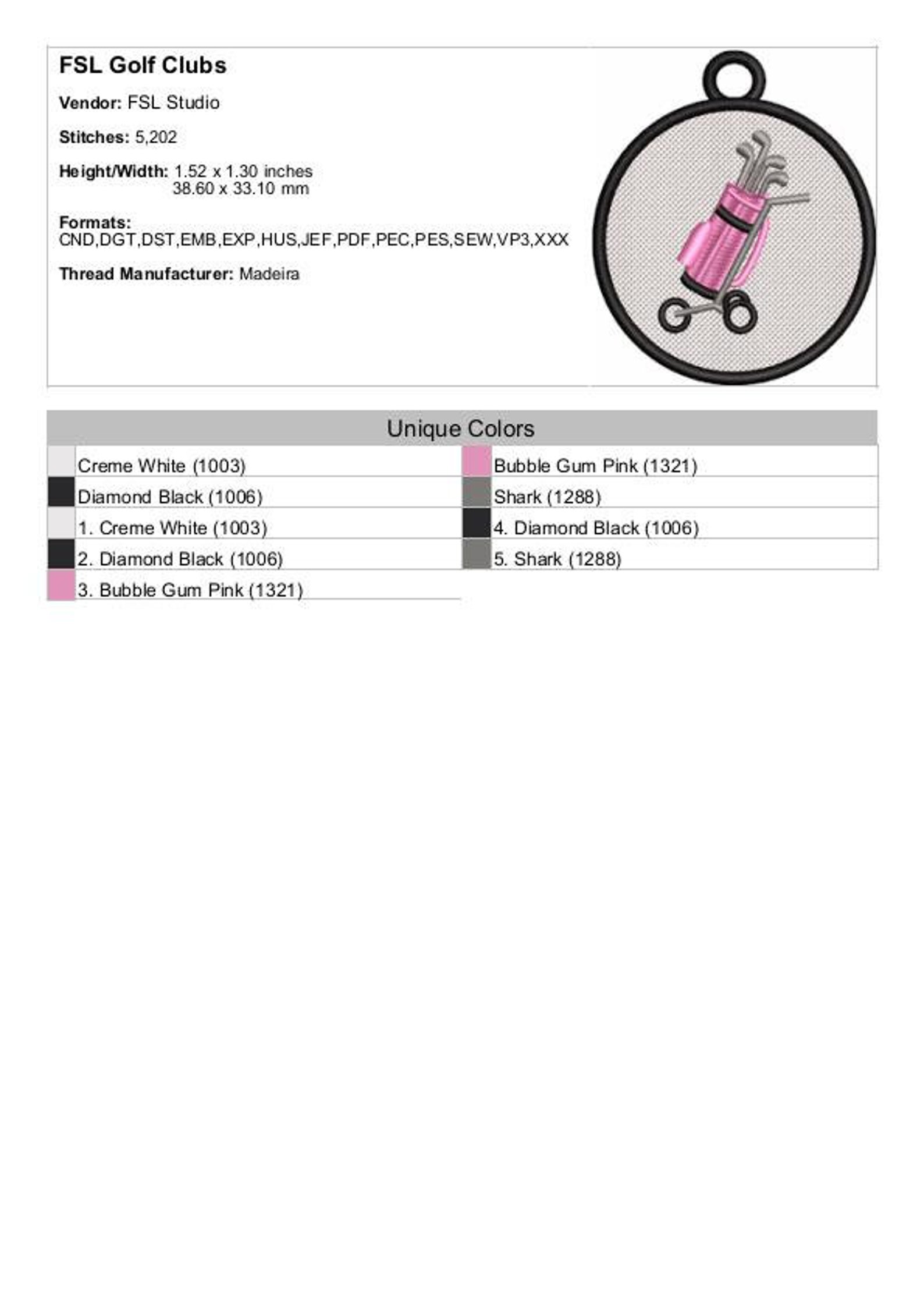 FSL Golf Clubs Machine Embroidery Design - 3 Sizes, Freestanding Lace ...