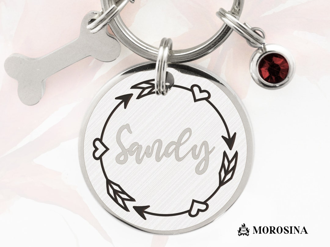 Custom Engraved Tag for Dog With Name in a Wreath of Hearts and Arrows ...