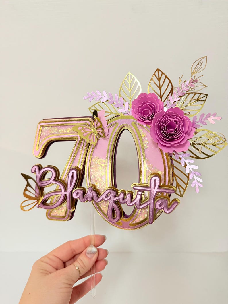 Pink Gold Floral Birthday Cake Topper | Custom Name Age Party Decor - Etsy