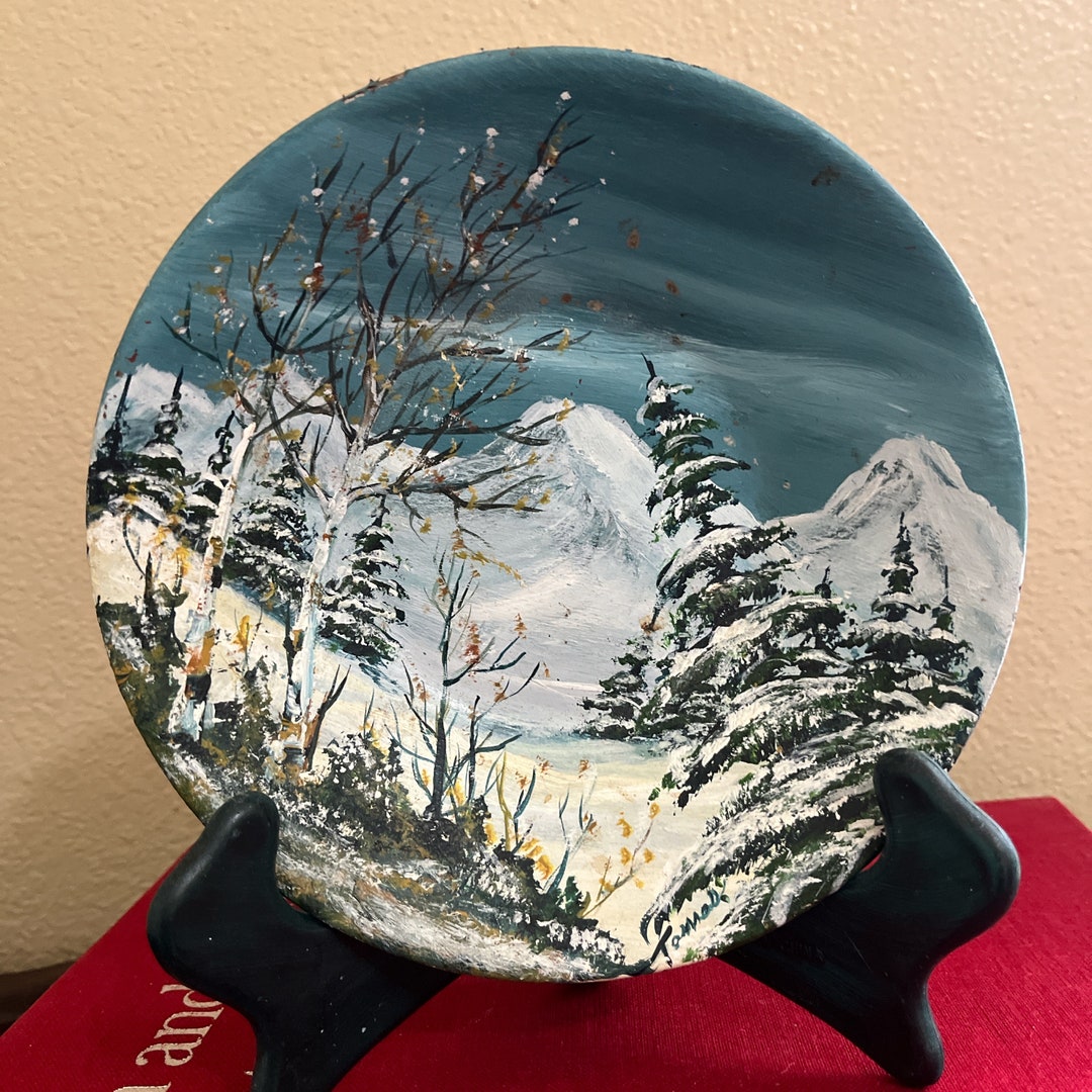 Hand Painted Signed Winter Snow Mountain Scene on a Round Metal Plate ...