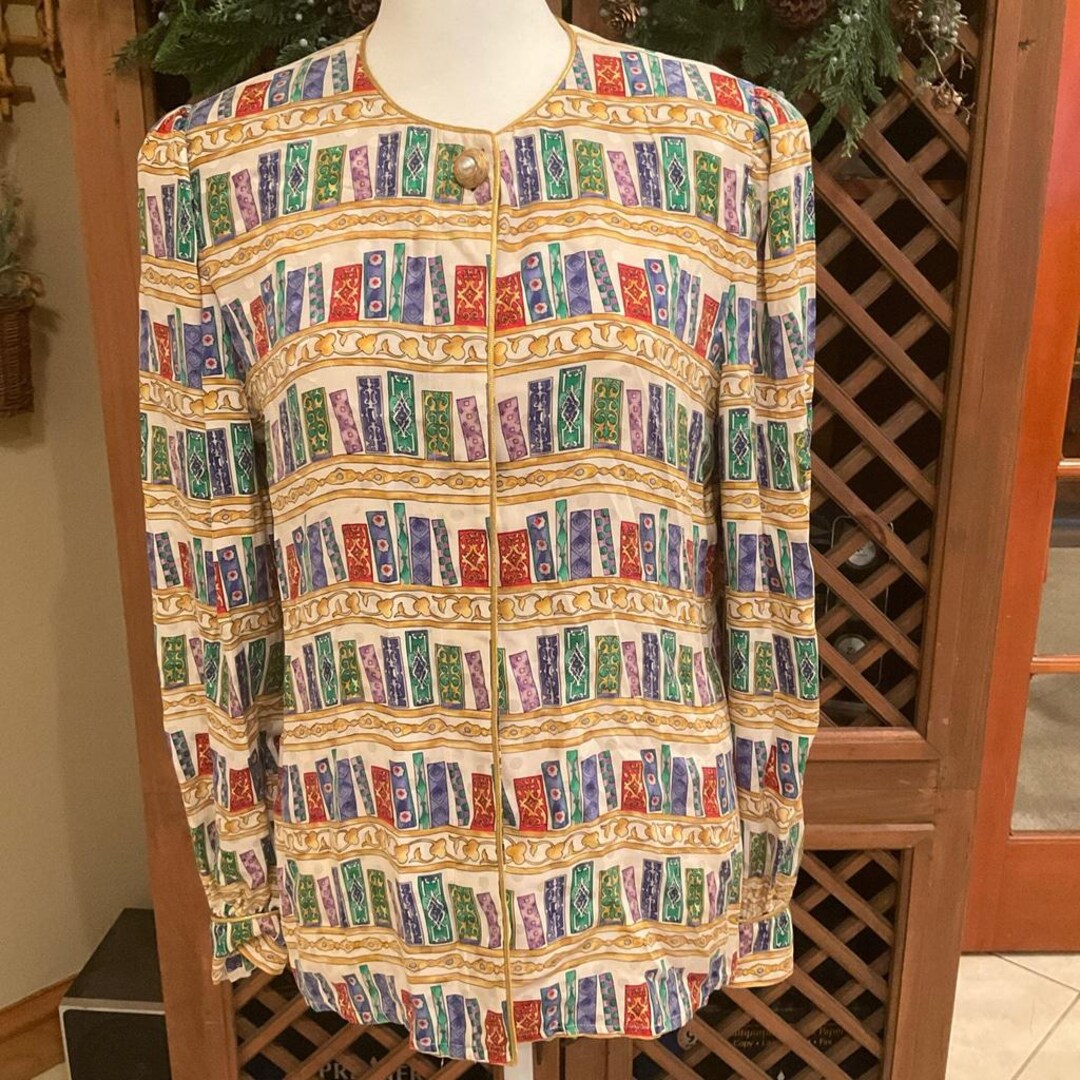 Vintage Maggy London Silk Bookshelf Artsy Librarian Print Button Blouse ...