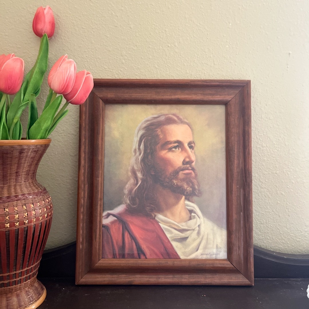Vintage Framed Jesus Portrait Religious Print Wood Frame W/ Glass Peter ...