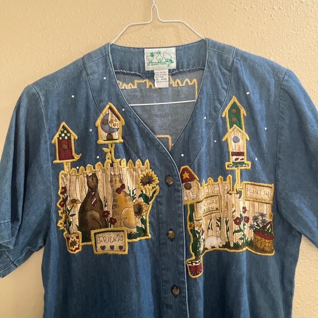 Vintage Cat Embroidered Denim Women’s Medium Button up With Cats and ...