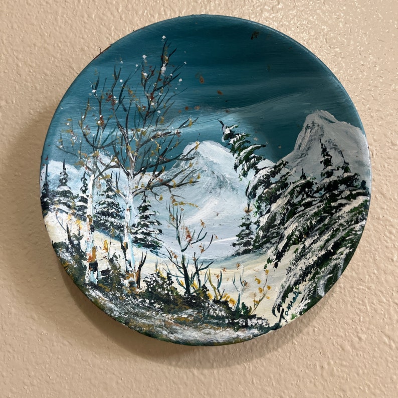 Hand Painted Signed Winter Snow Mountain Scene on a Round Metal Plate ...