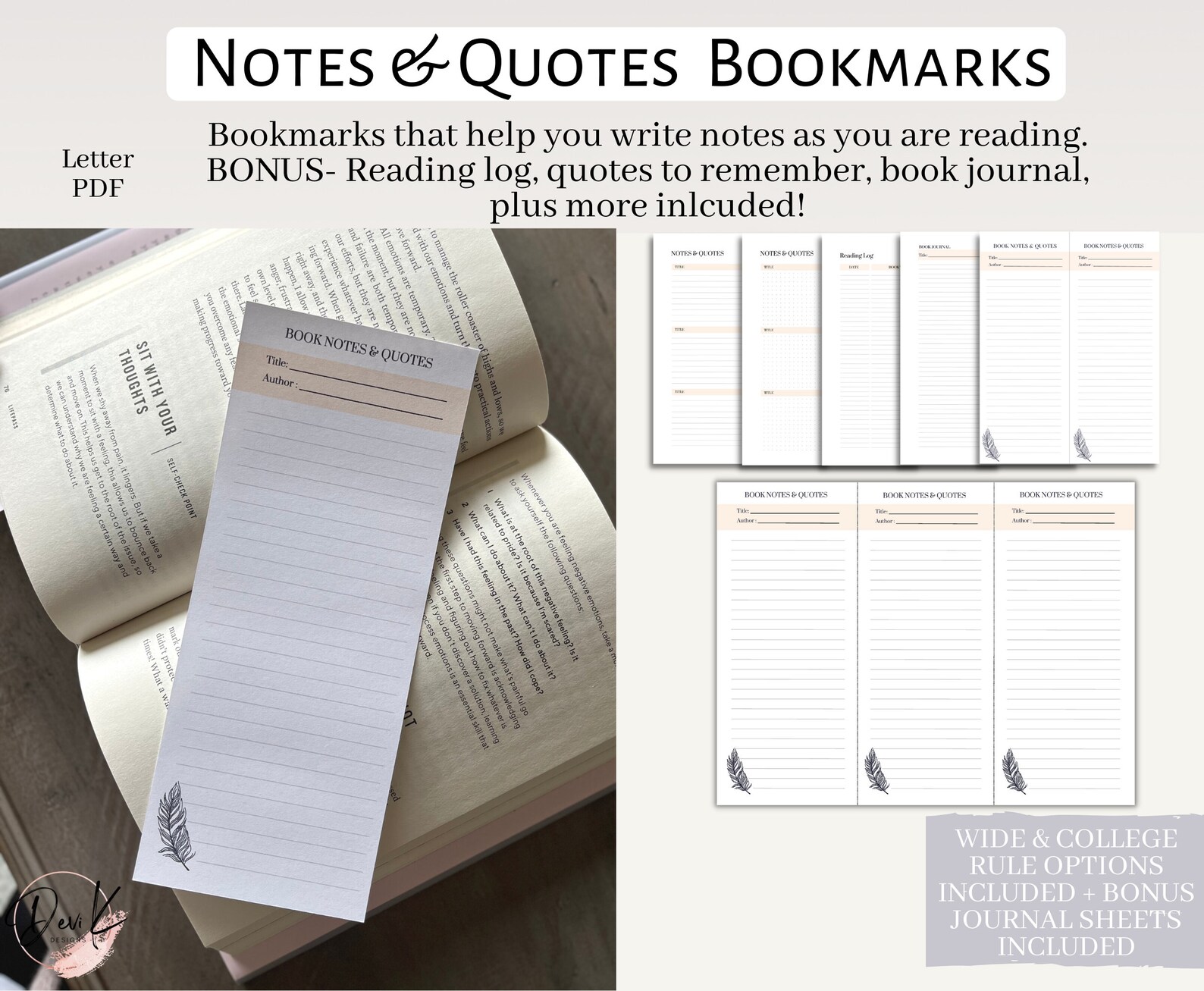 Book Notes & Quotes Printable Bookmarks, Reading Log Bookmark, Note ...