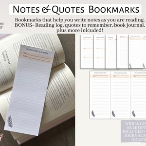 Book Notes & Quotes Printable Bookmarks, Reading Log Bookmark, Note ...