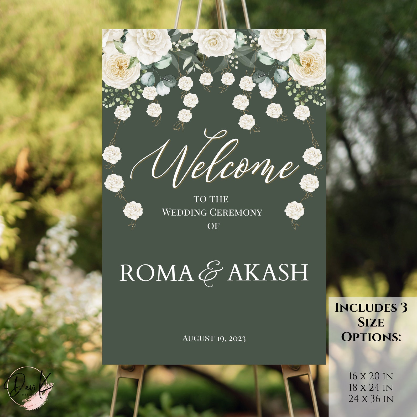 Forest Green White Floral Drape Welcome Sign, Wedding Sign ...