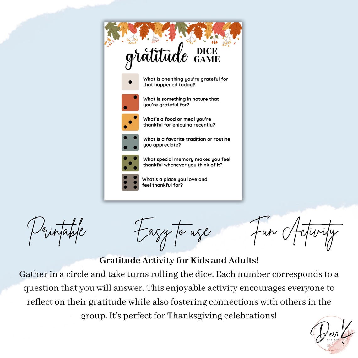 Thanksgiving Gratitude Dice Game Printable, Thanksgiving Game for ...