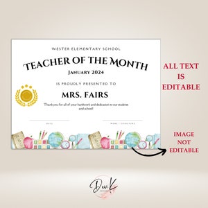 Teacher of the Month Award Certificate, Editable Template, Teacher ...