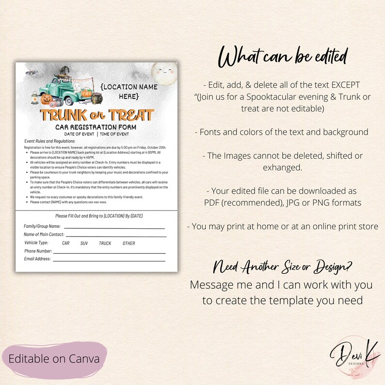 Editable Trunk or Treat Car Registration Form Template, Printable Flyer ...
