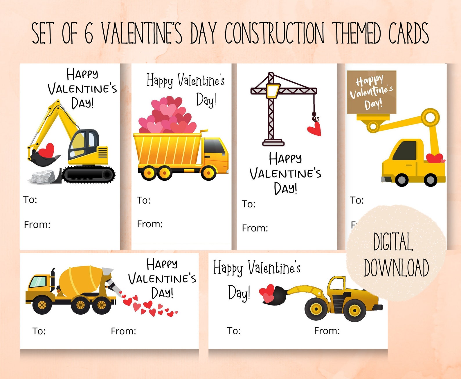 Printable Construction Kids Valentines Day Cards Construction - Etsy