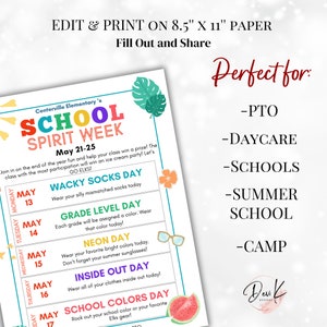 Summer Spirit Week Flyer Template, Editable, Printable, Summer Themed ...