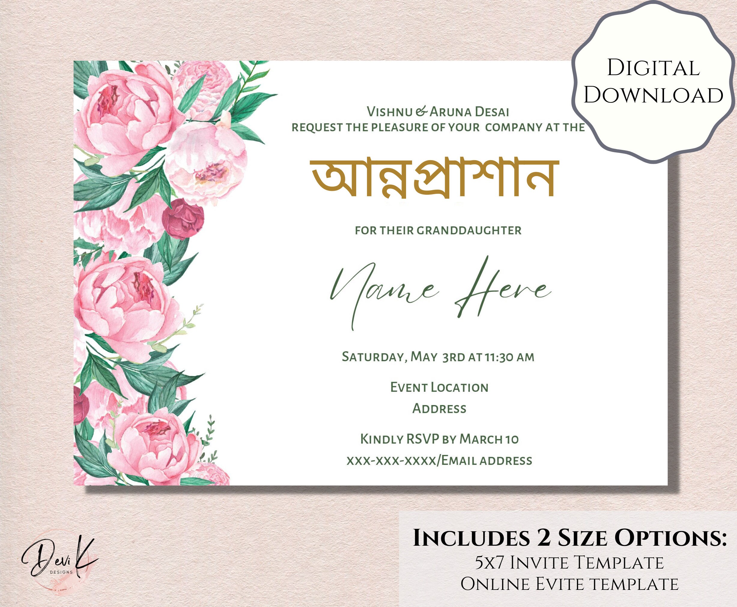 Annaprashan Invitation Template, First Rice Ceremony, Pink Floral ...