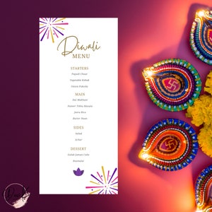 Editable Diwali Menu Template, Firework Menu, Pink Purple Gold, Brunch ...