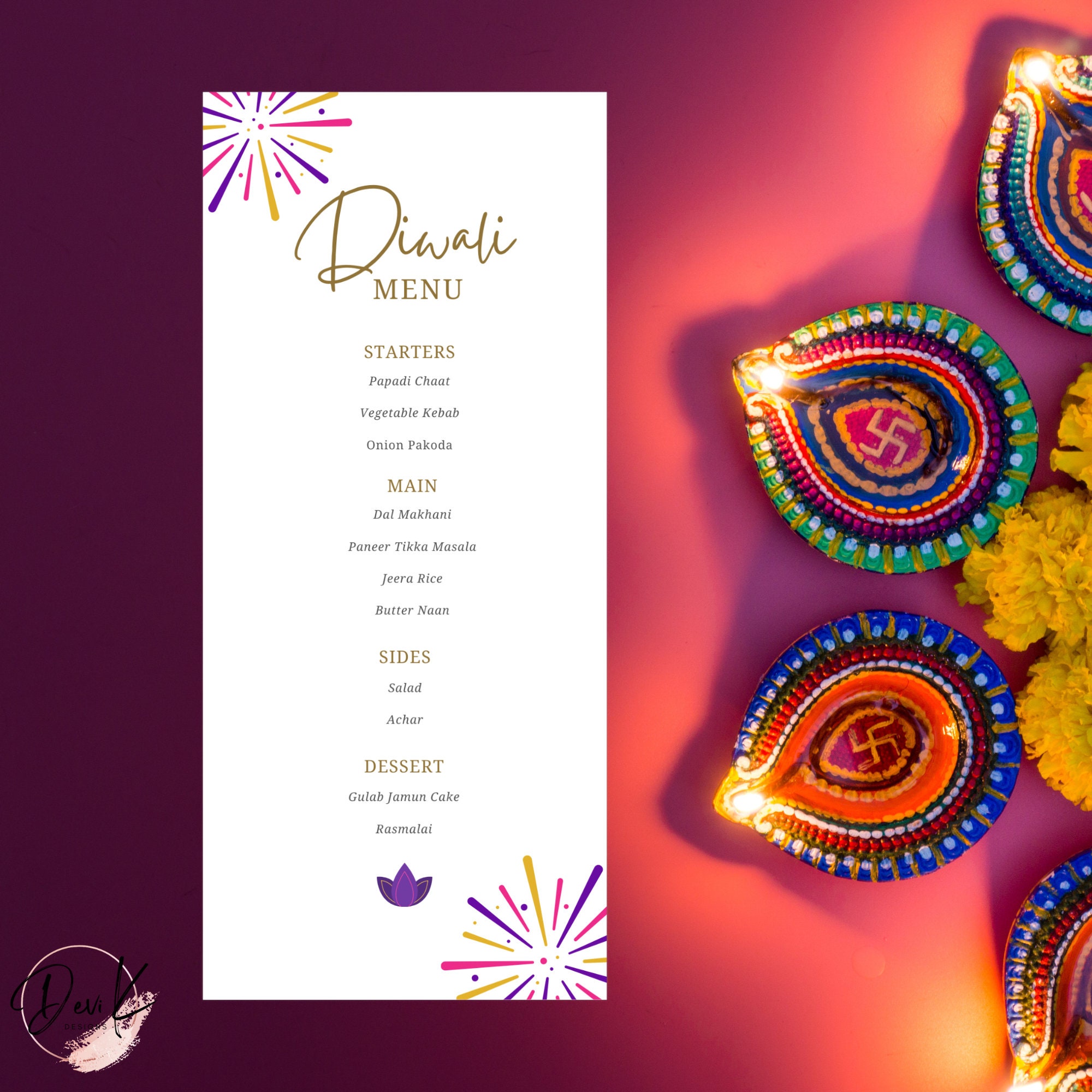 Editable Diwali Menu Template, Firework Menu, Pink Purple Gold, Brunch ...
