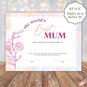 World's Best Mom Mum Certificate, Editable Mother's Day Printable ...