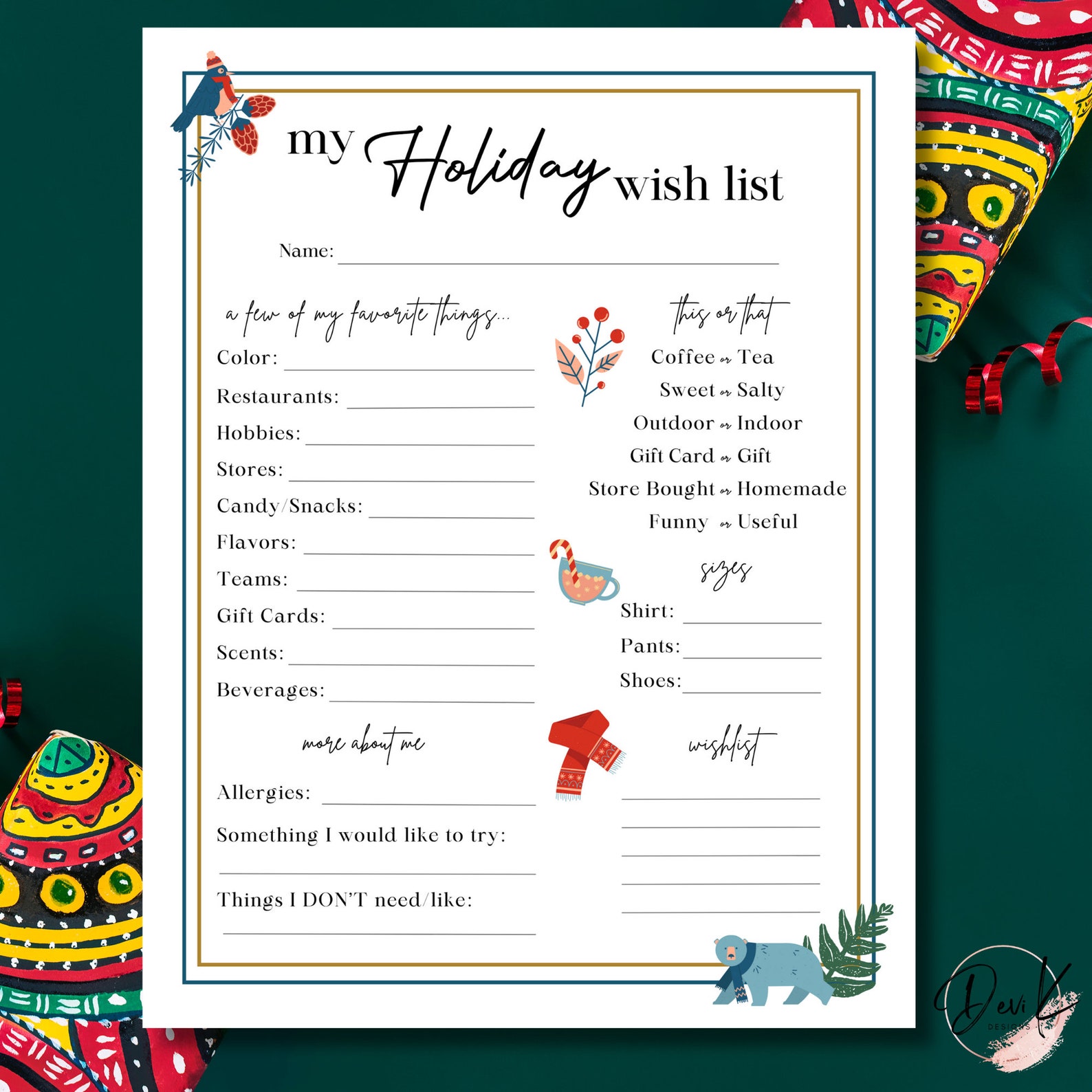 Holiday Wish List, Printable Gift Wish List, Secret Santa Questionnaire ...