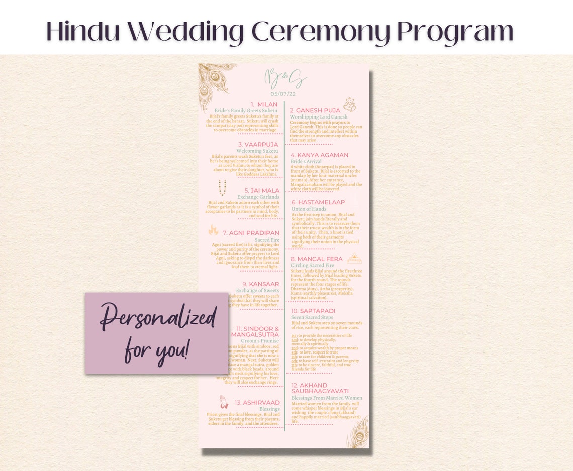 CUSTOM Hindu Wedding Ceremony Program, Personalized Program, Indian ...