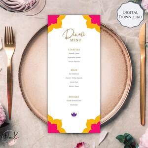Editable Pink Yellow Border Vibrant Menu Template, Diwali Menu, Pink ...