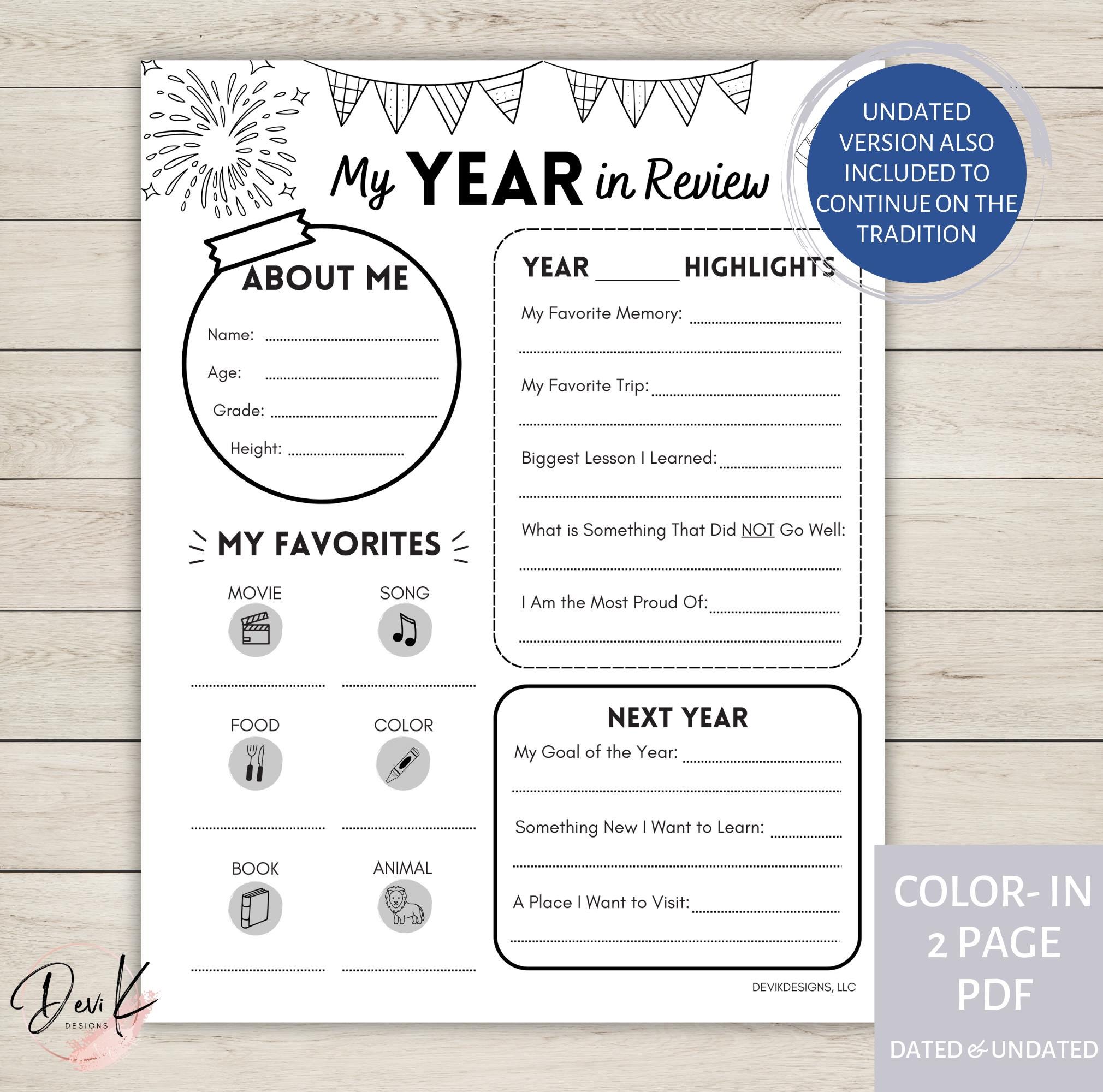 Kids Year in Review 2025 2026 Printable Activity Sheet, Undated, Kid ...