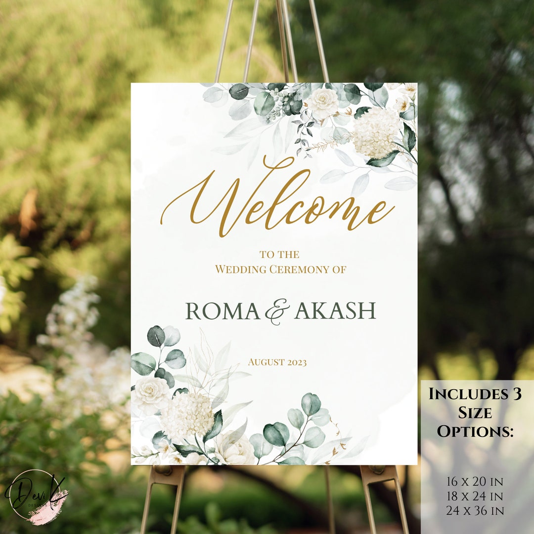 Green White Floral Leaves Welcome Sign, Wedding Entrance Sign, Wedding ...