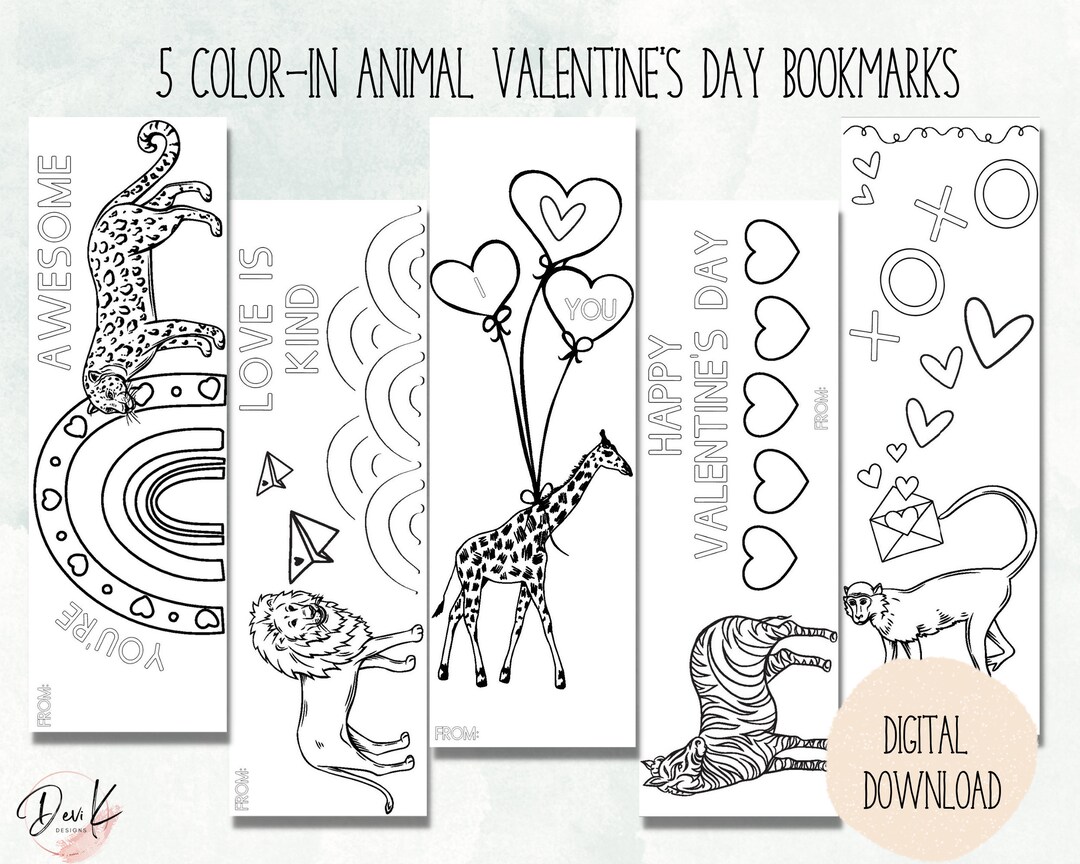Printable Animal Valentines Day Coloring Bookmarks, Set of 5 ...