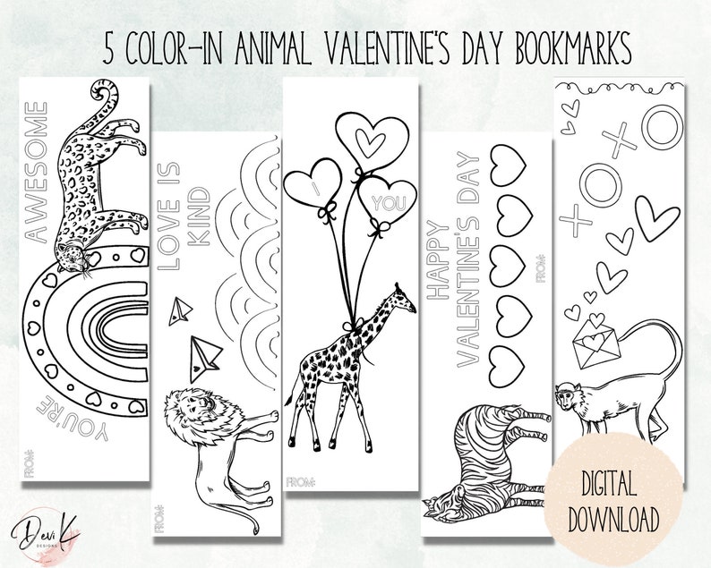 Printable Animal Valentines Day Coloring Bookmarks, Set of 5 ...