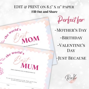 World's Best Mom Mum Certificate, Editable Mother's Day Printable ...