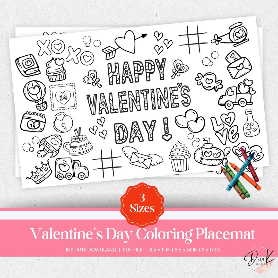 Valentine's Day Kids Coloring Placemat Sheets, Valentine's Day ...