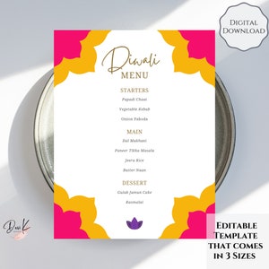 Editable Pink Yellow Border Vibrant Menu Template, Diwali Menu, Pink ...