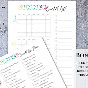 Summer Bucket List Poster, Colorful Undated Calendar, Summer Bucket ...