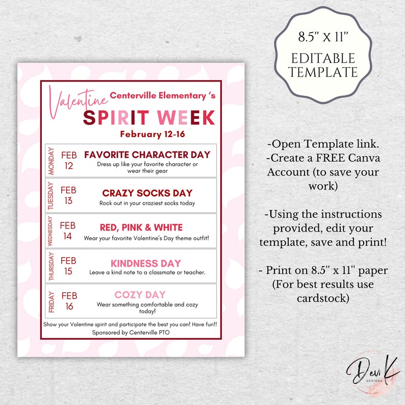 Valentine Spirit Week Flyer Template, Editable, Printable, Februrary ...