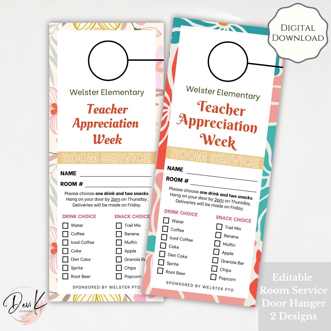 Editable Room Service Door Hanger Template, Teacher Appreciation Week ...