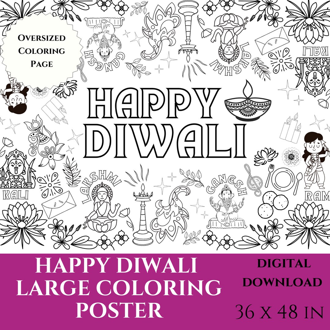 LARGE Happy Diwali Coloring Poster, Diwali Children Activity, Coloring ...
