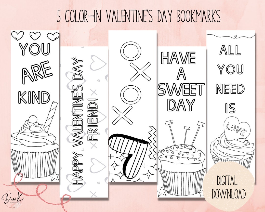 Printable Valentines Day Coloring Bookmarks, Set of 5, Kindergarten ...