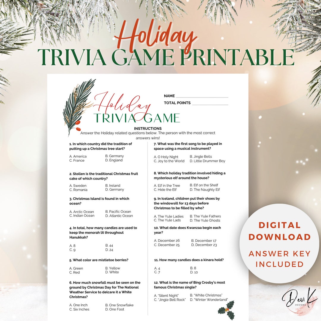 Holiday Trivia Game Printable, Group Party Game, Family Game Night ...