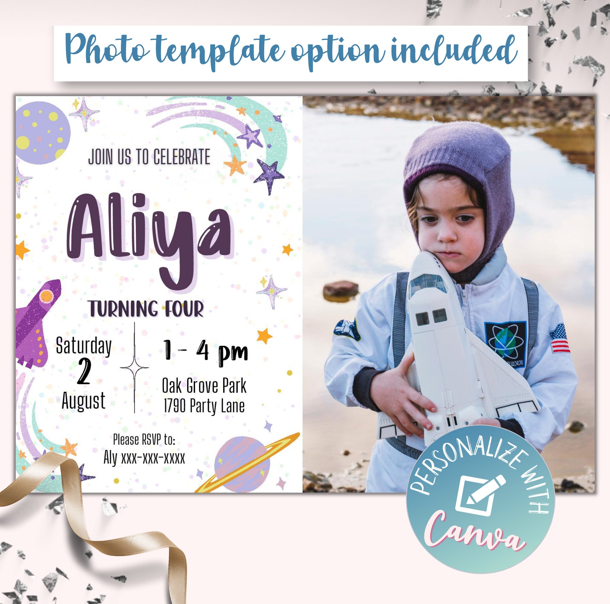 Pastel Girl's Space Theme Birthday Invitation, Purple Outer Space Party ...