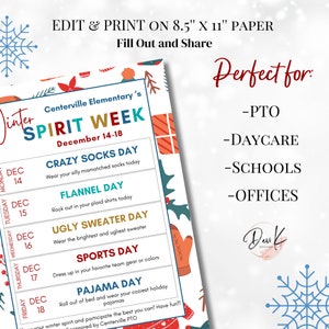 Winter Spirit Week Flyer Template, Editable, Printable, Holiday Themed ...