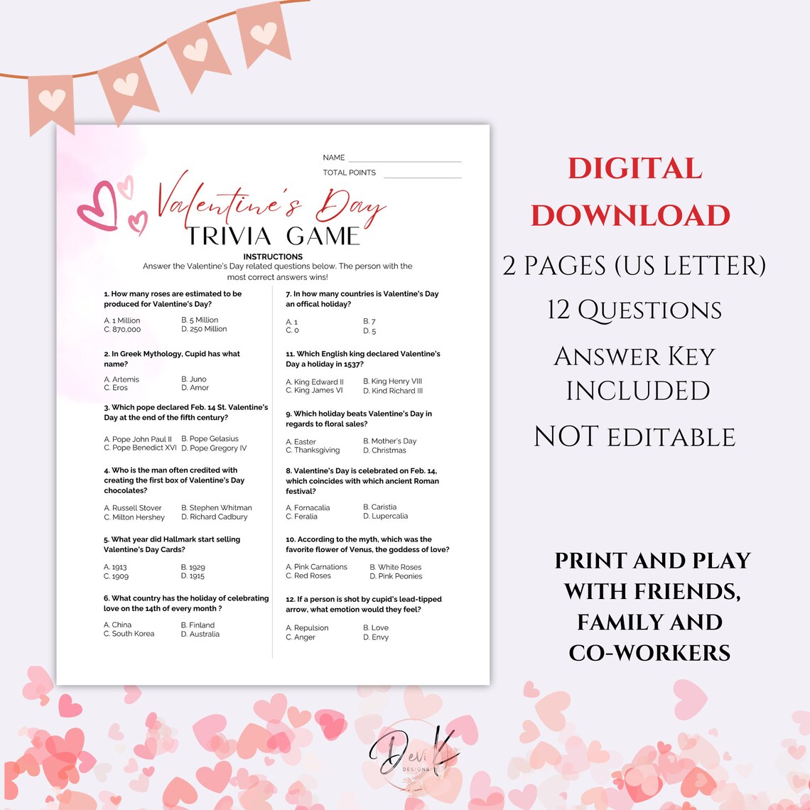 Valentine's Day Trivia Game Printable, Galentine's Day Party Game ...