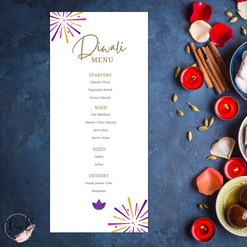 Editable Diwali Menu Template, Firework Menu, Pink Purple Gold, Brunch ...