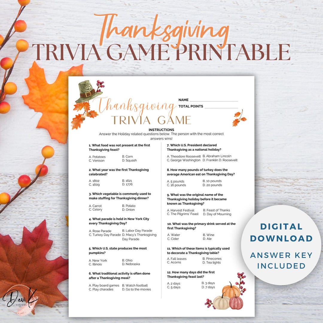Thanksgiving Trivia Game Printable, Thanksgiving Trivia Quiz for Family ...
