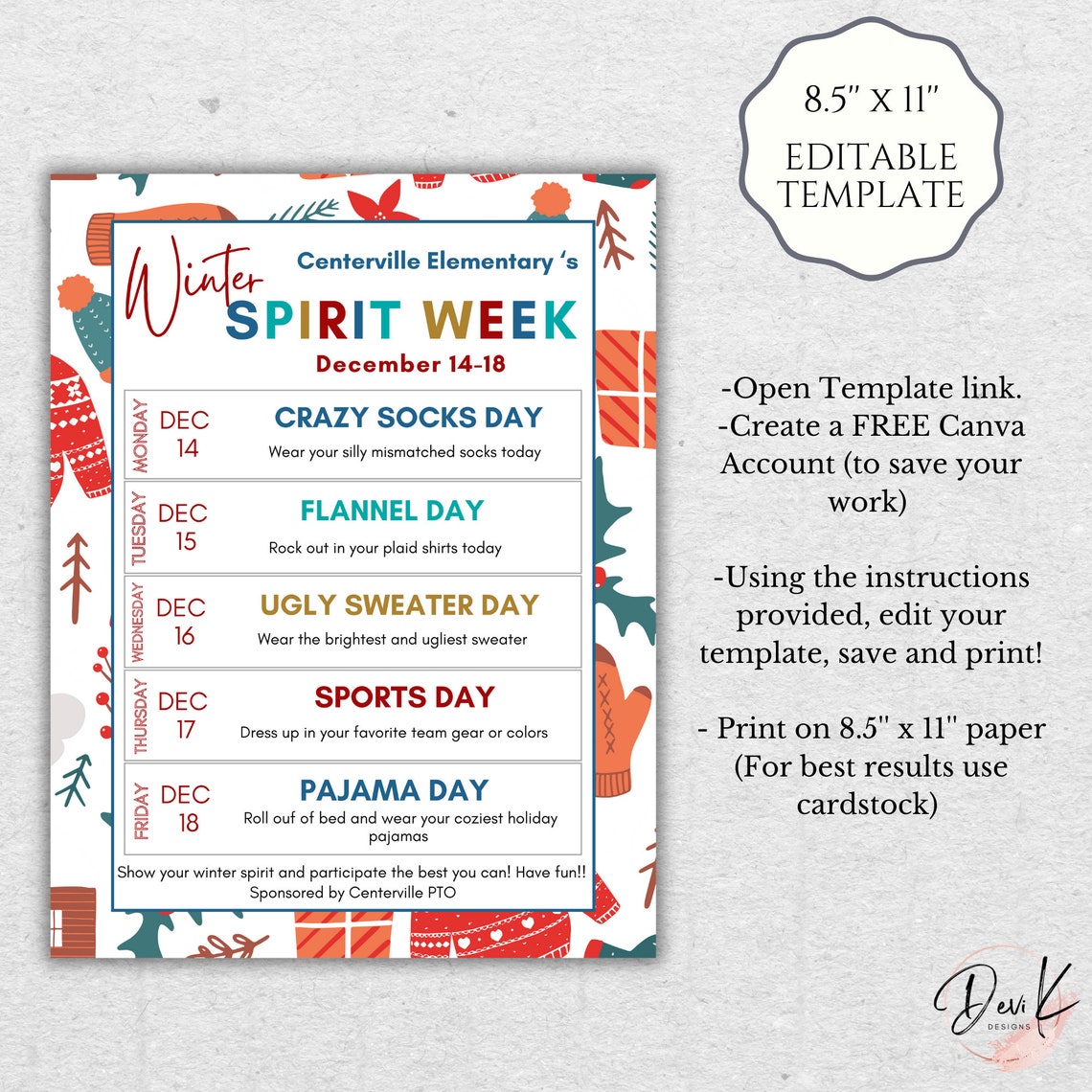 Winter Spirit Week Flyer Template, Editable, Printable, Holiday Themed ...