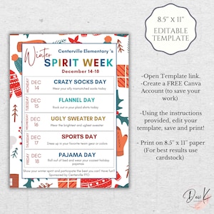 Winter Spirit Week Flyer Template, Editable, Printable, Holiday Themed ...