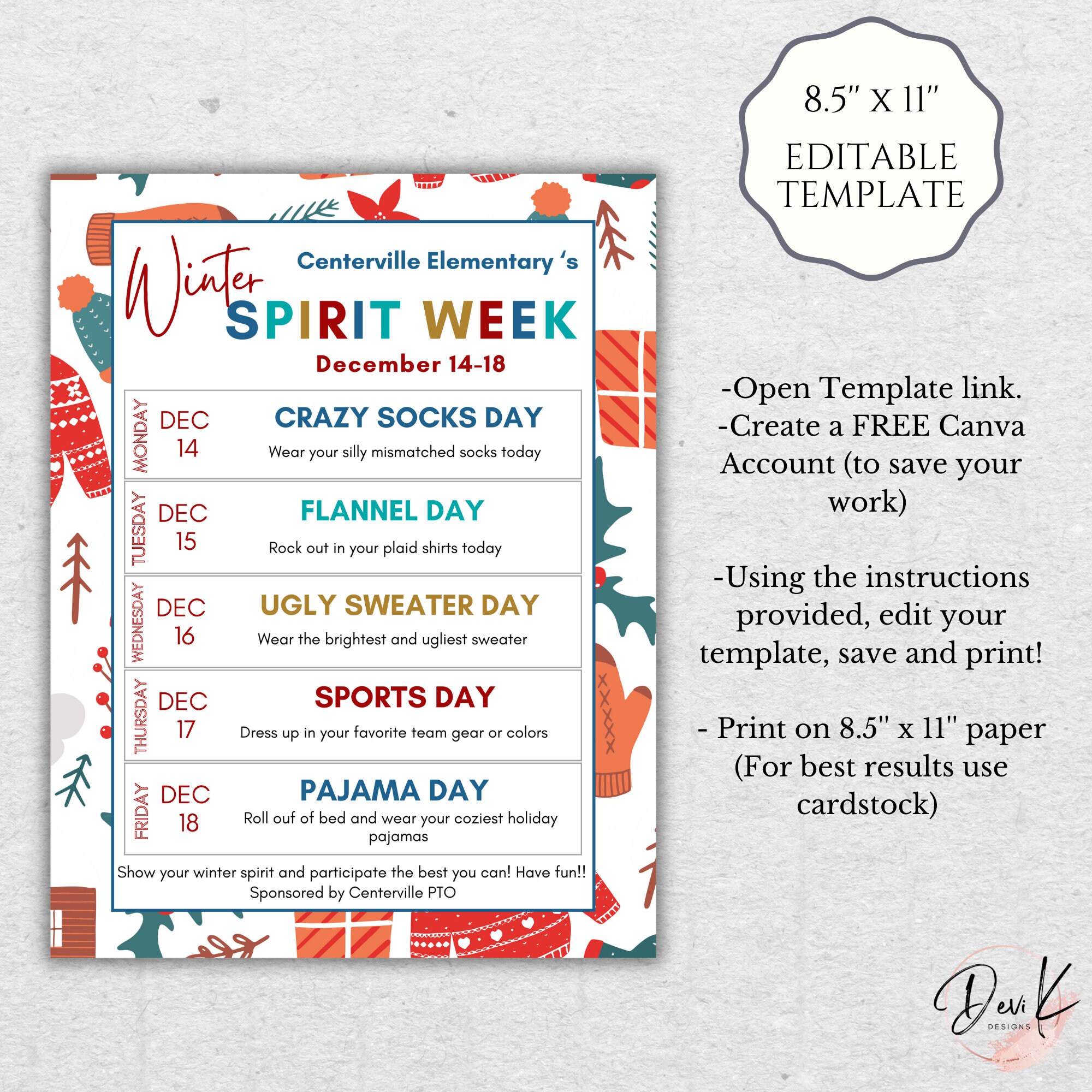 Winter Spirit Week Flyer Template, Editable, Printable, Holiday Themed ...