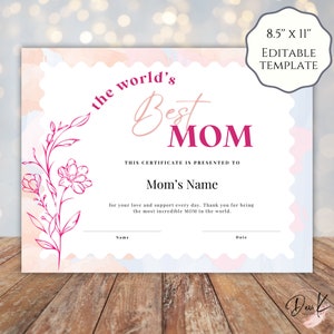 World's Best Mom Mum Certificate, Editable Mother's Day Printable ...